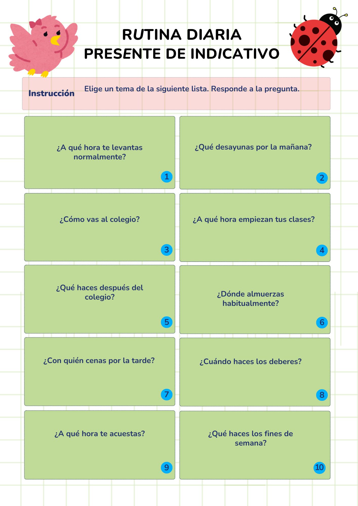 Presente de indicativo | Mi rutina, responde a las preguntas - EspaMilka