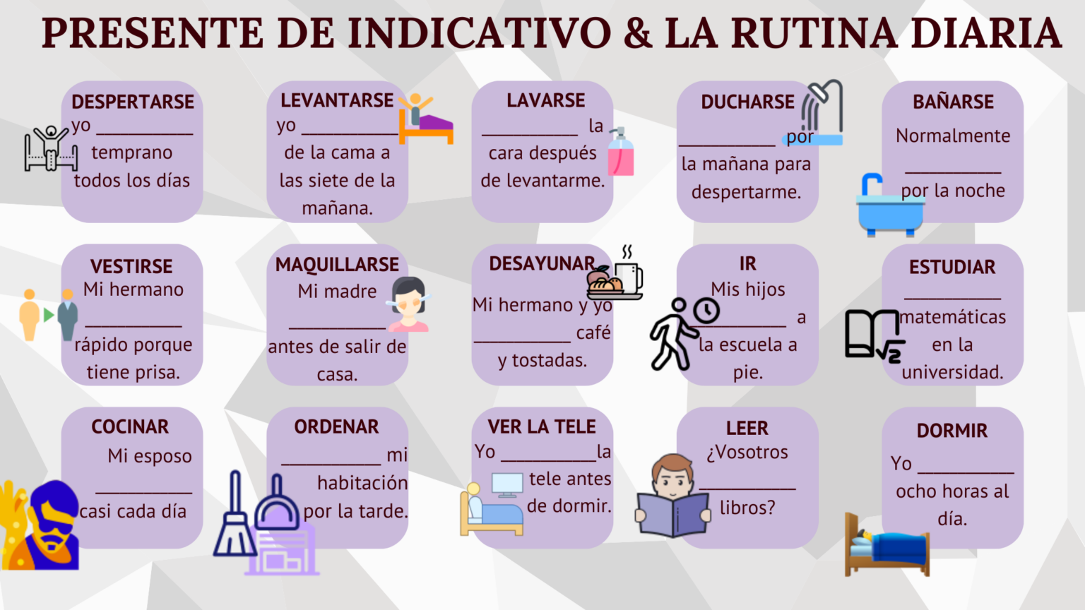 Presente de indicativo | Mi rutina, completa los verbos / infografía ...