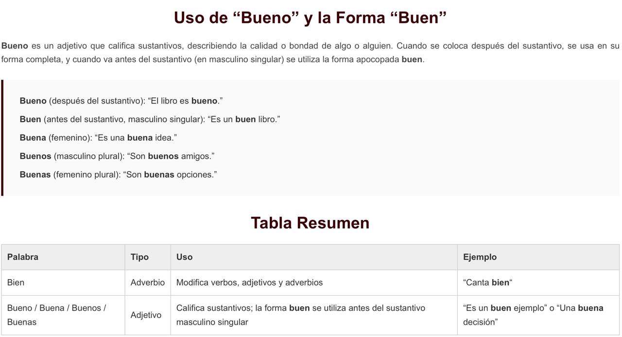 Diferencias entre Bien y Bueno: Guía de Gramática Española: teoria y ...