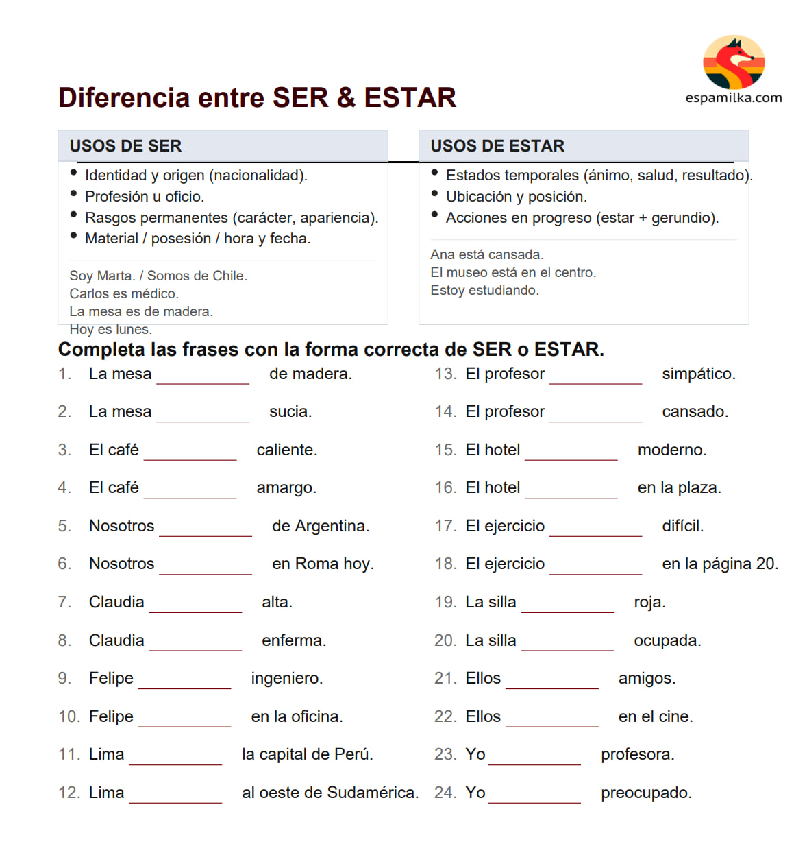 Diferencia entre SER y ESTAR — 24 frases - EspaMilka