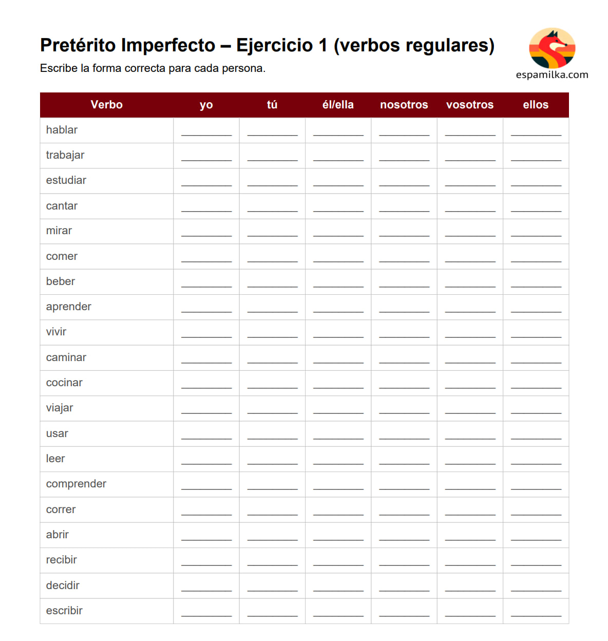Pretérito Imperfecto | Ejercicio 1 – Conjuga los verbos regulares ...