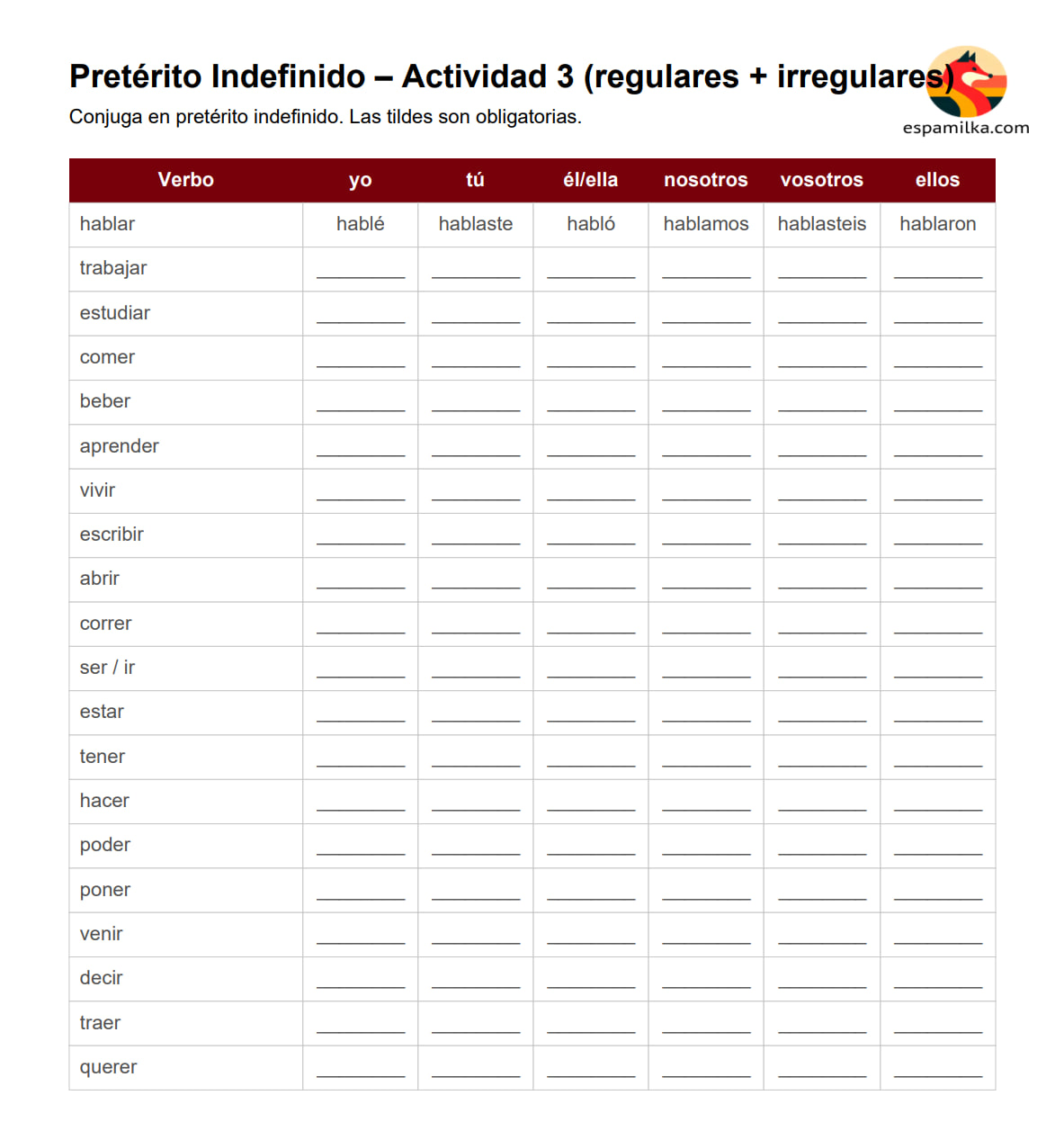 Pretérito Indefinido | Actividad 3 – Regulares e irregulares - EspaMilka
