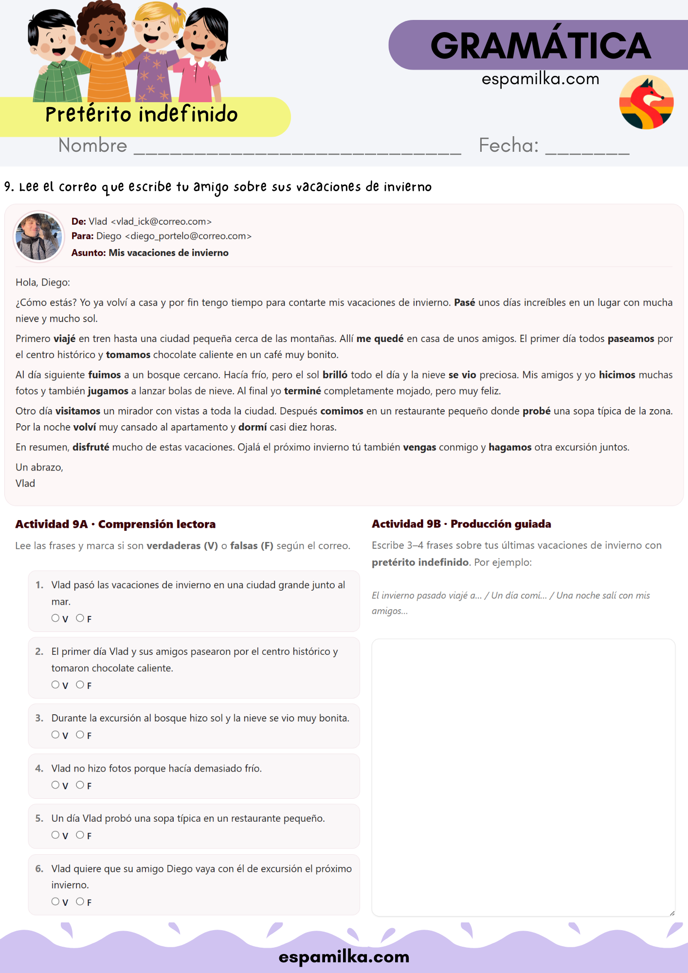 Pretérito indefinido | Actividad 9 · Correo sobre mis vacaciones de ...