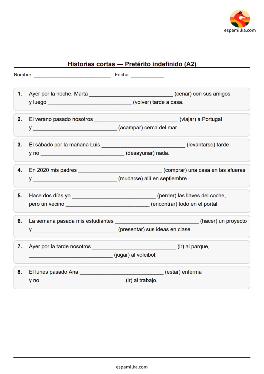 Historias cortas - Completo las frases en Pretérito indefinido - EspaMilka