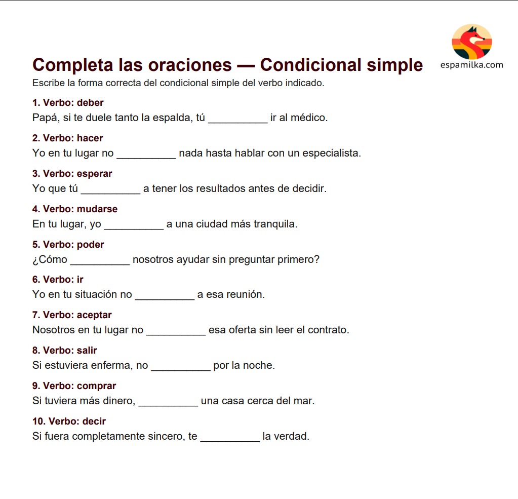 Condicional Simple – completa las oraciones (Ejercicio con PDF) - EspaMilka